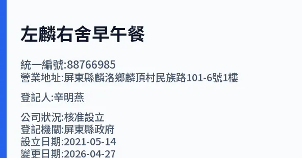 左麟右舍早午餐的照片-統編 88766985(屏東縣) 公司登記資料與營業項目詳細圖表