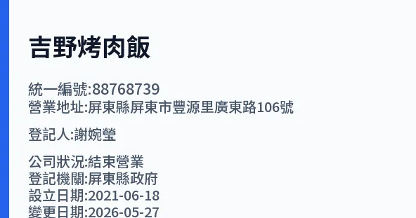 吉野烤肉飯的照片-統編 88768739(屏東縣) 公司登記資料與營業項目詳細圖表