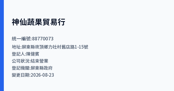 神仙蔬果貿易行的照片-統編 88770073(屏東縣) 公司登記資料與營業項目詳細圖表