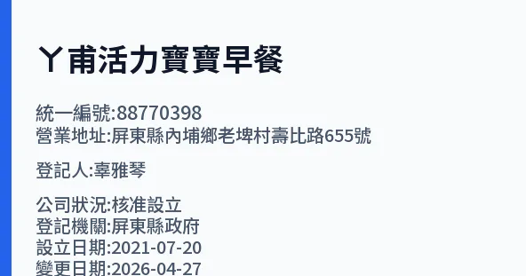 ㄚ甫活力寶寶早餐的照片-統編 88770398(屏東縣) 公司登記資料與營業項目詳細圖表