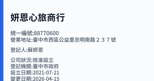妍恩心旅商行的照片-統編 88770600(臺中市) 公司登記資料與營業項目詳細圖表