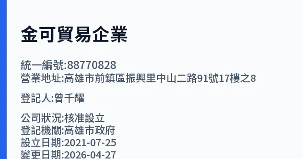 金可貿易企業的照片-統編 88770828(高雄市) 公司登記資料與營業項目詳細圖表