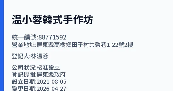 温小蓉韓式手作坊的照片-統編 88771592(屏東縣) 公司登記資料與營業項目詳細圖表