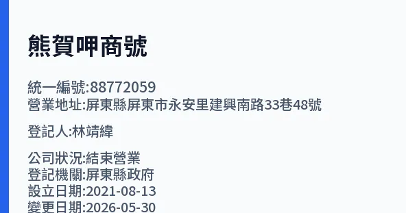 熊賀呷商號的照片-統編 88772059(屏東縣) 公司登記資料與營業項目詳細圖表