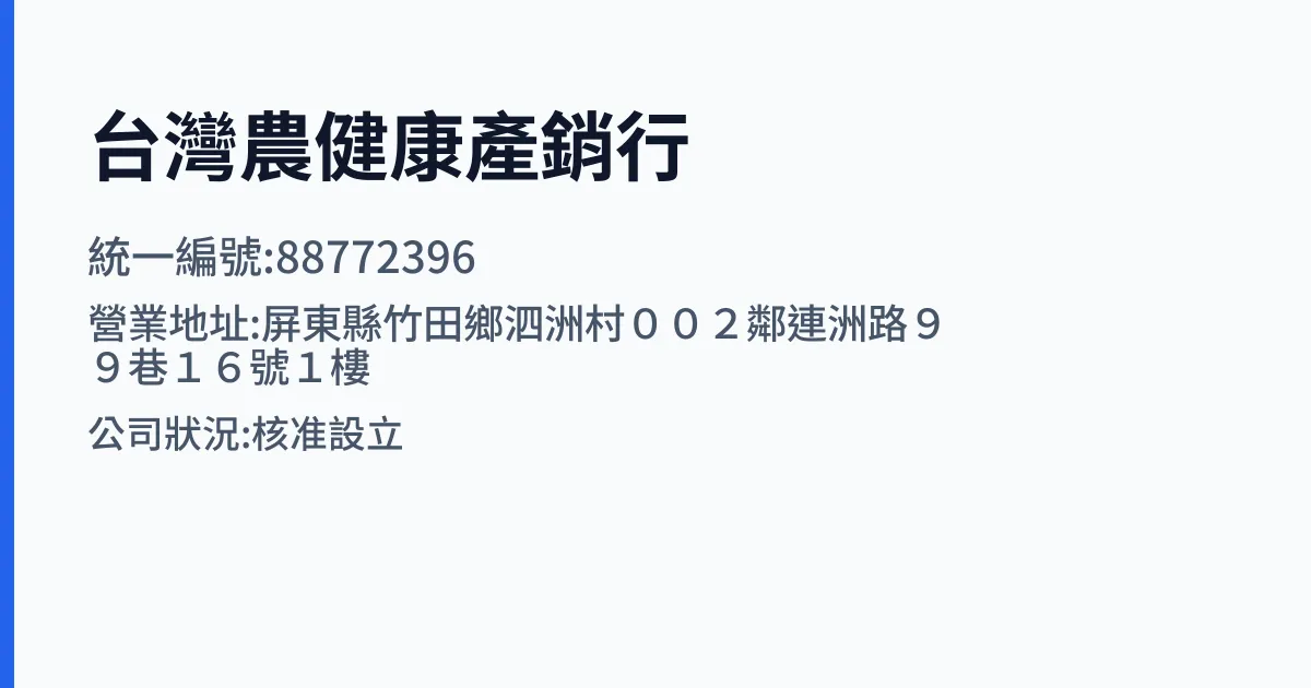台灣農健康產銷行 - 統編 88772396(屏東縣) 公司登記資料與營業項目詳細圖表