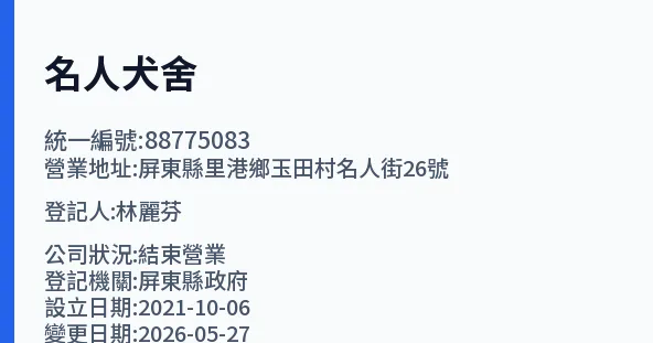 名人犬舍的照片-統編 88775083(屏東縣) 公司登記資料與營業項目詳細圖表