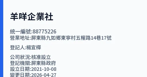 羊咩企業社的照片-統編 88775226(屏東縣) 公司登記資料與營業項目詳細圖表