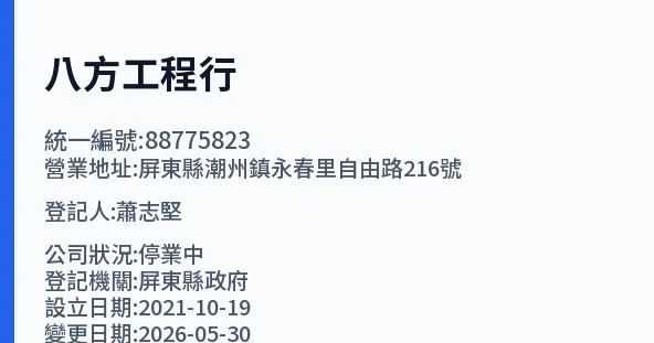 八方工程行的照片-統編 88775823(屏東縣) 公司登記資料與營業項目詳細圖表