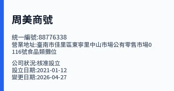 周美商號的照片-統編 88776338(臺南市) 公司登記資料與營業項目詳細圖表