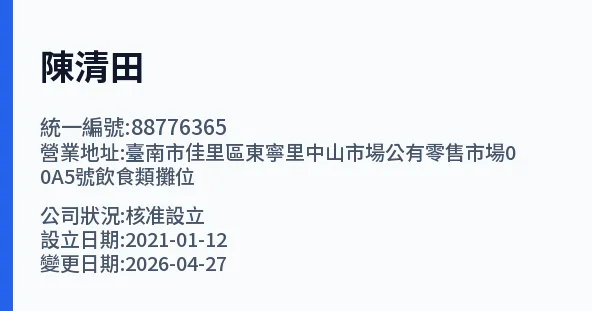 陳清田的照片-統編 88776365(臺南市) 公司登記資料與營業項目詳細圖表
