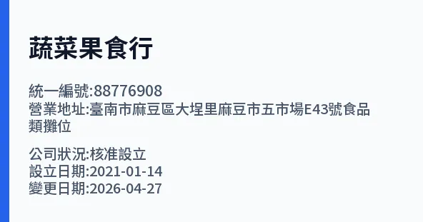 蔬菜果食行的照片-統編 88776908(臺南市) 公司登記資料與營業項目詳細圖表
