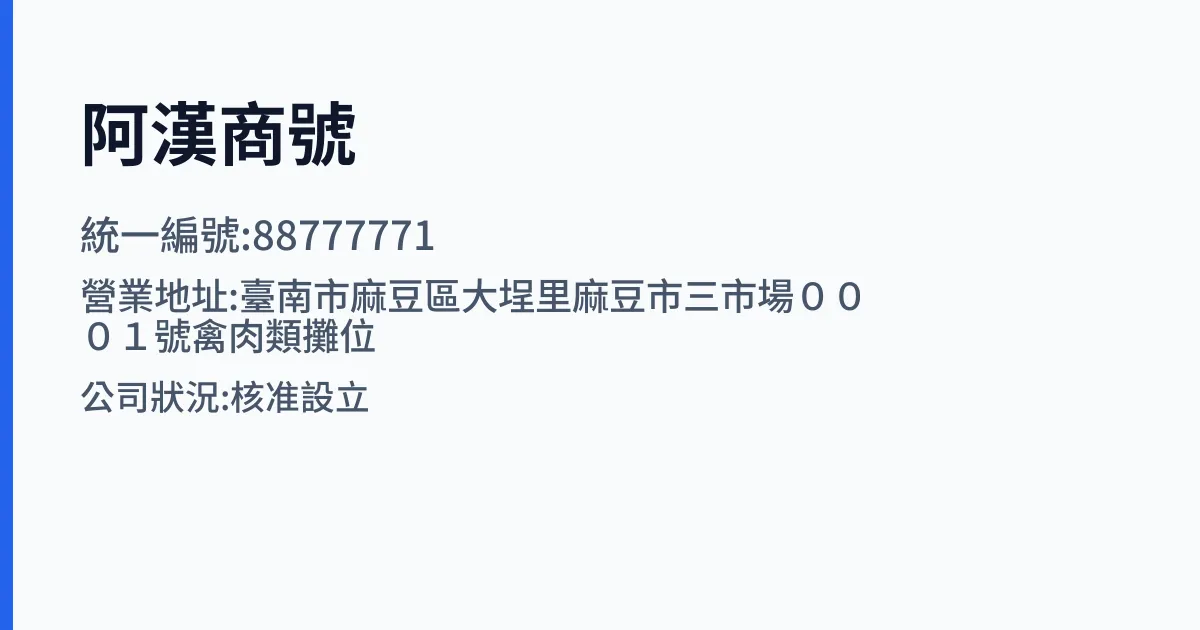 阿漢商號 - 統編 88777771(臺南市) 公司登記資料與營業項目詳細圖表