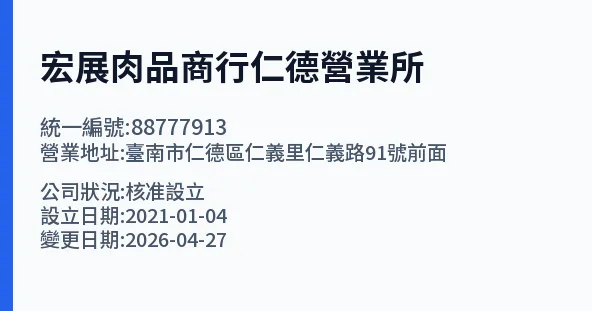 宏展肉品商行仁德營業所的照片-統編 88777913(臺南市) 公司登記資料與營業項目詳細圖表