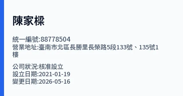 陳家樑的照片-統編 88778504(臺南市) 公司登記資料與營業項目詳細圖表