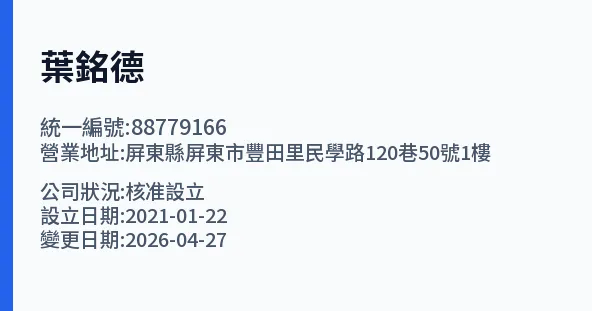 葉銘德的照片-統編 88779166(屏東縣) 公司登記資料與營業項目詳細圖表