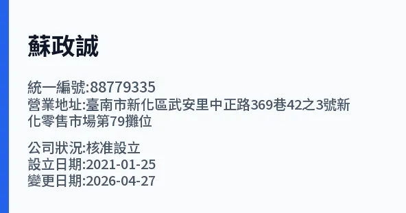 蘇政誠的照片-統編 88779335(臺南市) 公司登記資料與營業項目詳細圖表