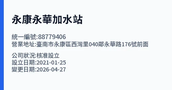 永康永華加水站的照片-統編 88779406(臺南市) 公司登記資料與營業項目詳細圖表