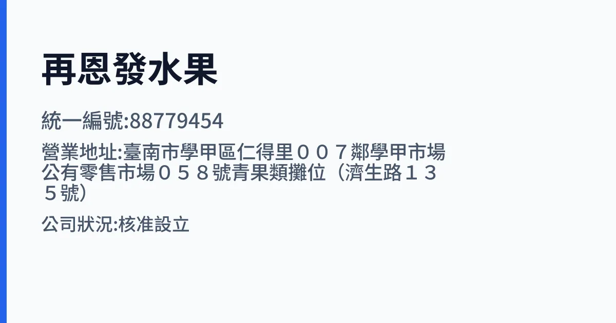 再恩發水果 - 統編 88779454(臺南市) 公司登記資料與營業項目詳細圖表
