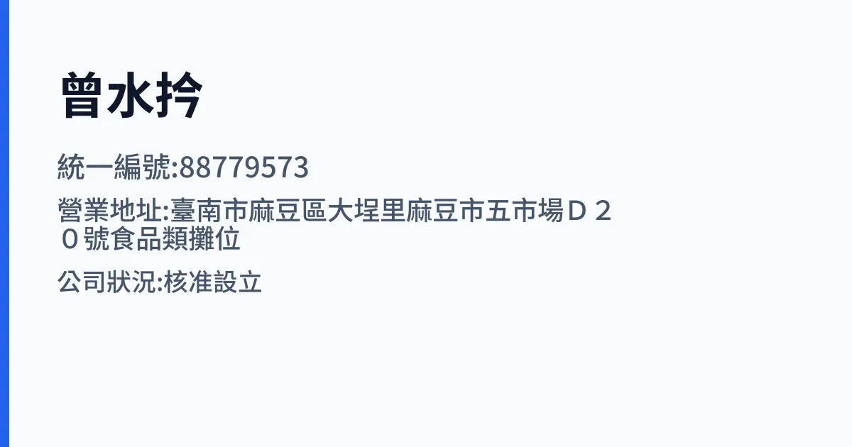 曾水扲 - 統編 88779573(臺南市) 公司登記資料與營業項目詳細圖表