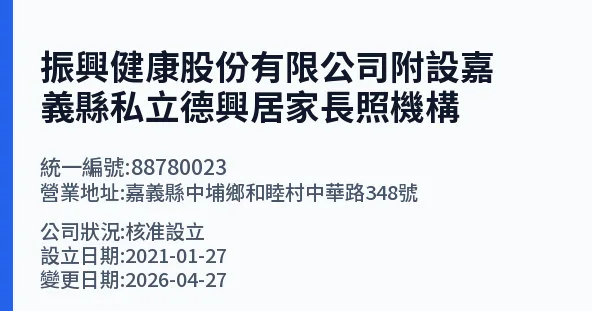 振興健康股份有限公司附設嘉義縣私立德興居家長照機構的照片-統編 88780023(嘉義縣) 公司登記資料與營業項目詳細圖表