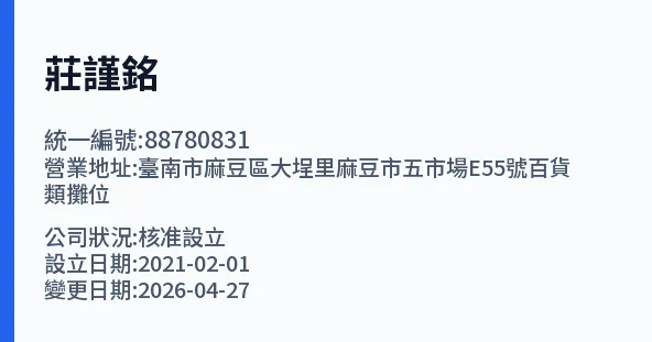 莊謹銘的照片-統編 88780831(臺南市) 公司登記資料與營業項目詳細圖表