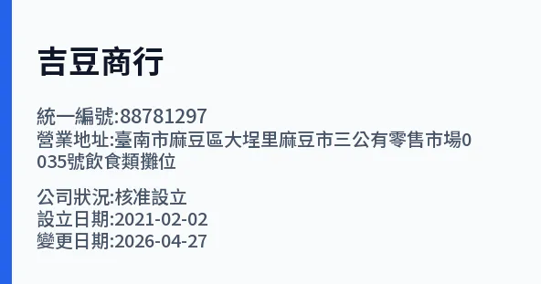 吉豆商行的照片-統編 88781297(臺南市) 公司登記資料與營業項目詳細圖表