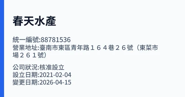 春天水產的照片-統編 88781536(臺南市) 公司登記資料與營業項目詳細圖表