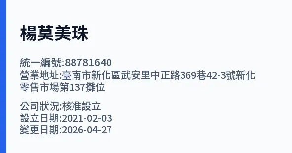 楊莫美珠的照片-統編 88781640(臺南市) 公司登記資料與營業項目詳細圖表