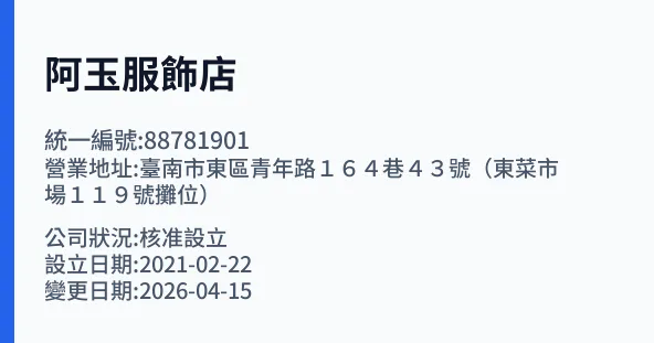 阿玉服飾店的照片-統編 88781901(臺南市) 公司登記資料與營業項目詳細圖表