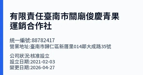 有限責任臺南市關廟俊慶青果運銷合作社的照片-統編 88782417(臺南市) 公司登記資料與營業項目詳細圖表