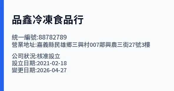 品鑫冷凍食品行的照片-統編 88782789(嘉義縣) 公司登記資料與營業項目詳細圖表