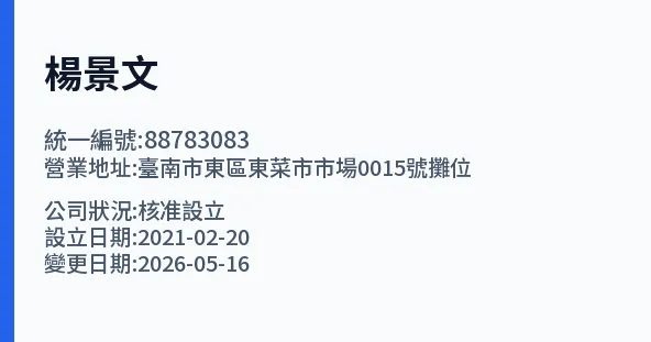 楊景文的照片-統編 88783083(臺南市) 公司登記資料與營業項目詳細圖表