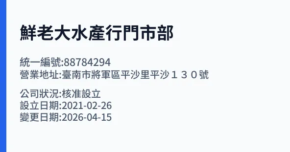 鮮老大水產行門市部的照片-統編 88784294(臺南市) 公司登記資料與營業項目詳細圖表