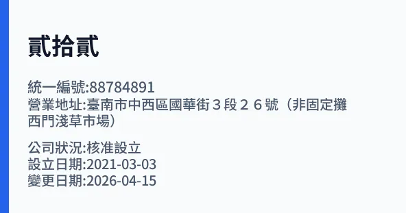 貳拾貳的照片-統編 88784891(臺南市) 公司登記資料與營業項目詳細圖表