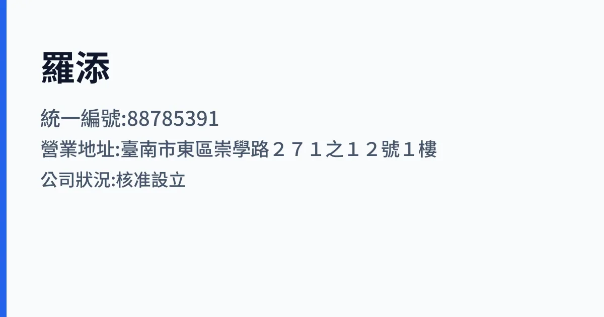 羅添 - 統編 88785391(臺南市) 公司登記資料與營業項目詳細圖表