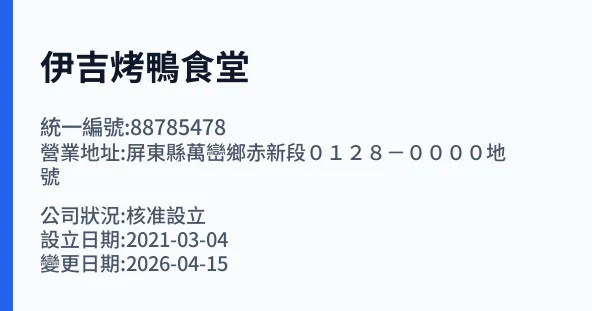 伊吉烤鴨食堂的照片-統編 88785478(屏東縣) 公司登記資料與營業項目詳細圖表