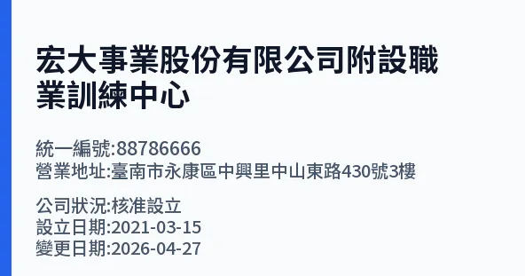 宏大事業股份有限公司附設職業訓練中心的照片-統編 88786666(臺南市) 公司登記資料與營業項目詳細圖表