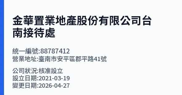 金華置業地產股份有限公司台南接待處的照片-統編 88787412(臺南市) 公司登記資料與營業項目詳細圖表