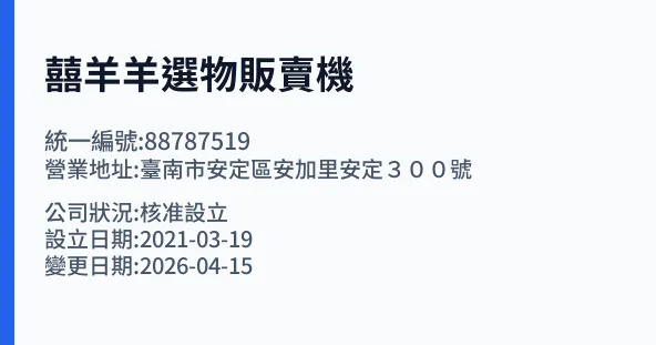 囍羊羊選物販賣機的照片-統編 88787519(臺南市) 公司登記資料與營業項目詳細圖表