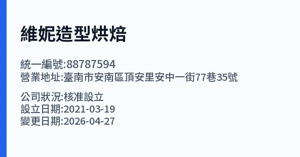 維妮造型烘焙的照片-統編 88787594(臺南市) 公司登記資料與營業項目詳細圖表