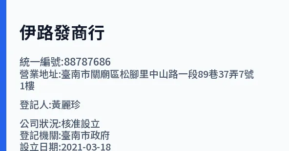 伊路發商行的照片-統編 88787686(臺南市) 公司登記資料與營業項目詳細圖表