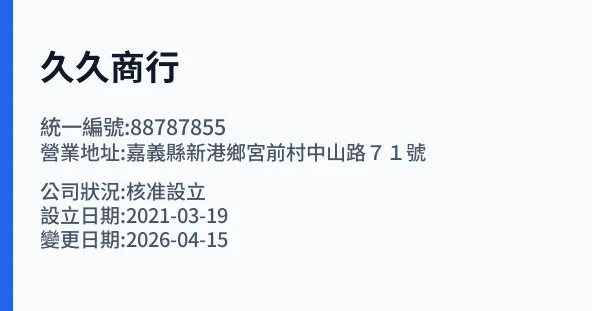 久久商行的照片-統編 88787855(嘉義縣) 公司登記資料與營業項目詳細圖表