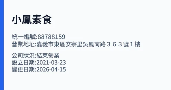 小鳳素食的照片-統編 88788159(嘉義市) 公司登記資料與營業項目詳細圖表