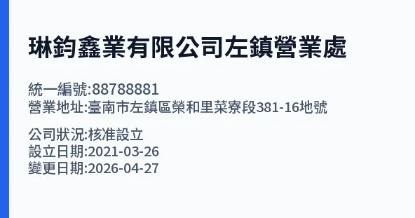 琳鈞鑫業有限公司左鎮營業處的照片-統編 88788881(臺南市) 公司登記資料與營業項目詳細圖表