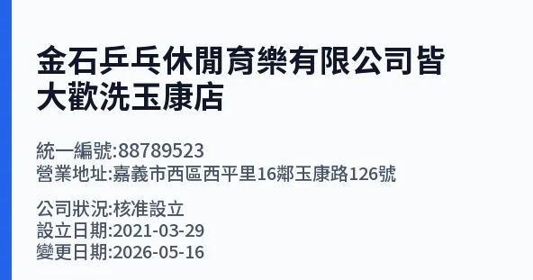 金石乒乓休閒育樂有限公司皆大歡洗玉康店的照片-統編 88789523(嘉義市) 公司登記資料與營業項目詳細圖表