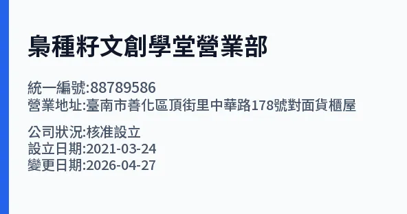 梟種籽文創學堂營業部的照片-統編 88789586(臺南市) 公司登記資料與營業項目詳細圖表
