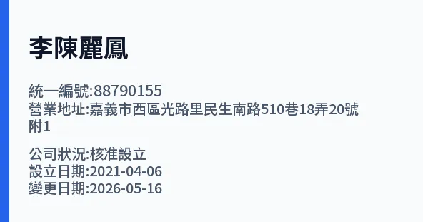 李陳麗鳳的照片-統編 88790155(嘉義市) 公司登記資料與營業項目詳細圖表