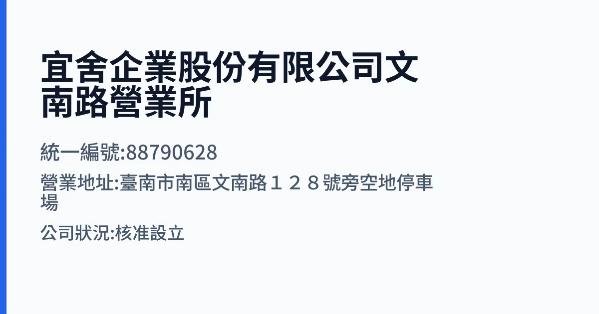 宜舍企業股份有限公司文南路營業所 - 統編 88790628(臺南市) 公司登記資料與營業項目詳細圖表