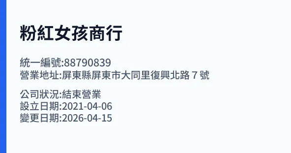 粉紅女孩商行的照片-統編 88790839(屏東縣) 公司登記資料與營業項目詳細圖表