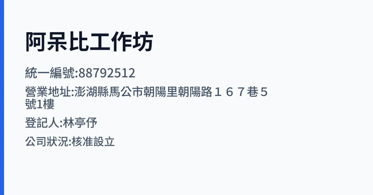 阿呆比工作坊 - 統編 88792512(澎湖縣) 公司登記資料與營業項目詳細圖表